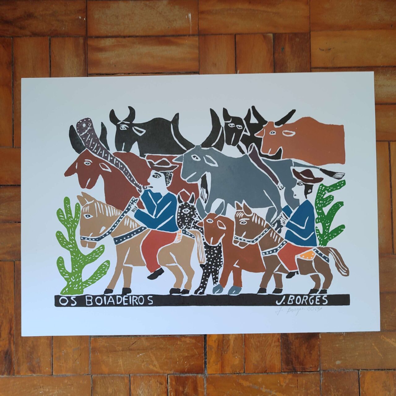 Xilogravura original J Borges, 48x66, Os Boiadeiros