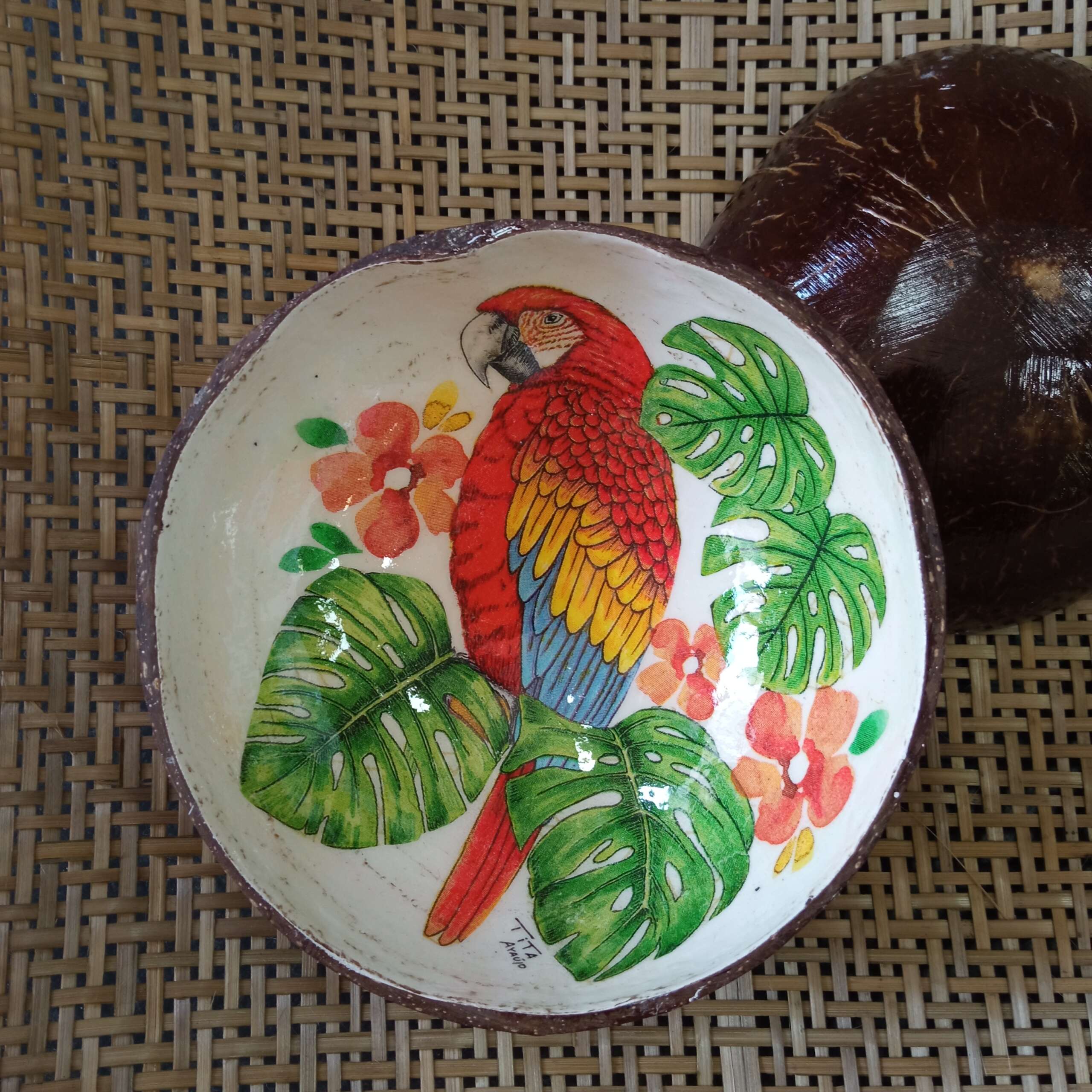 Cuia de coco decorada com temas da natureza